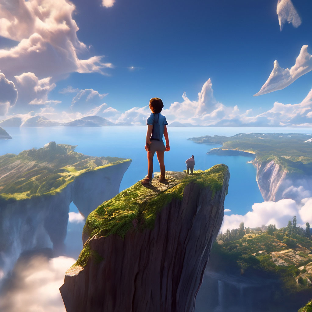 "Hyperrealism, illustration, a boy standing on the edge of a cliff ...