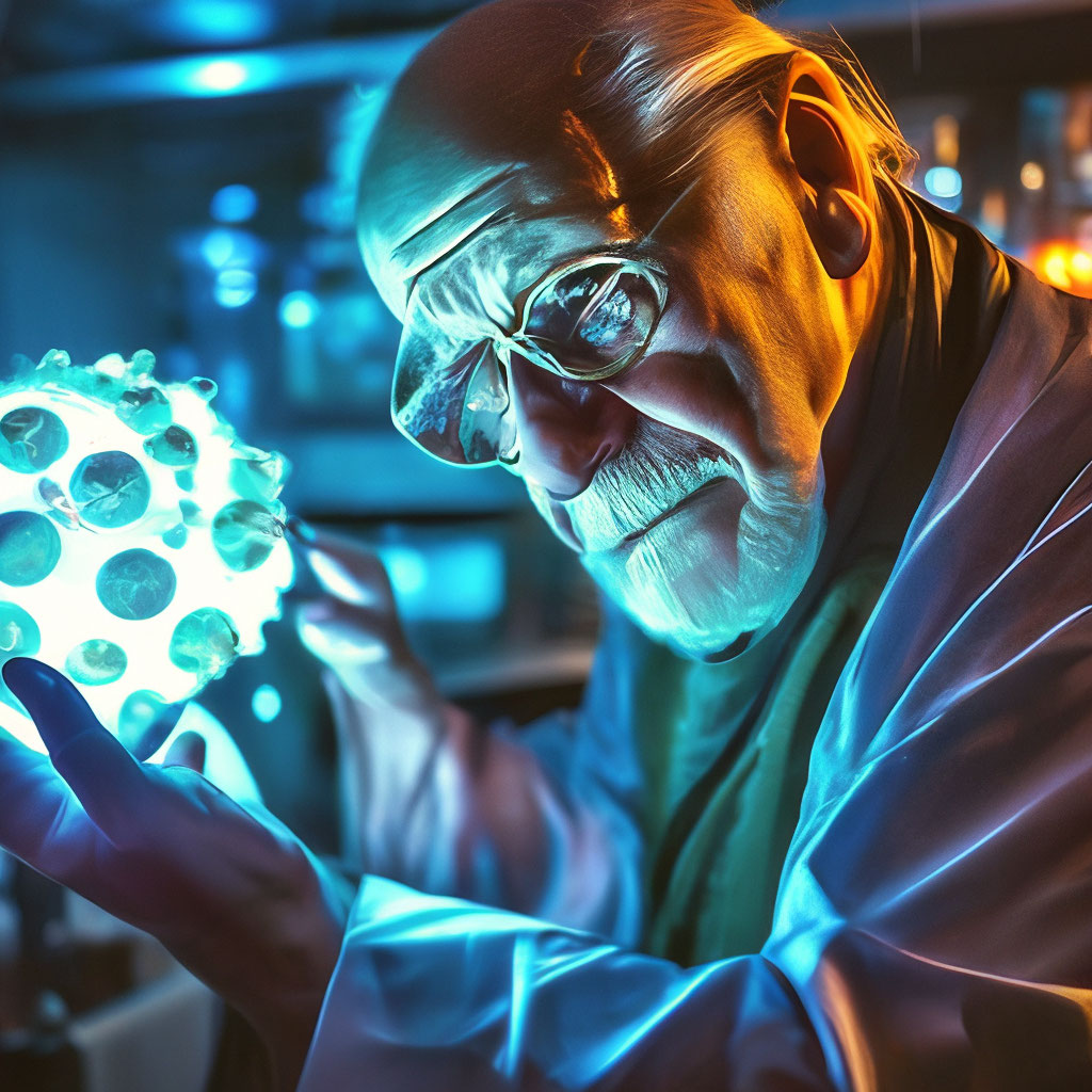 "In an underground laboratory, an elderly scientist holds in his hand a ...