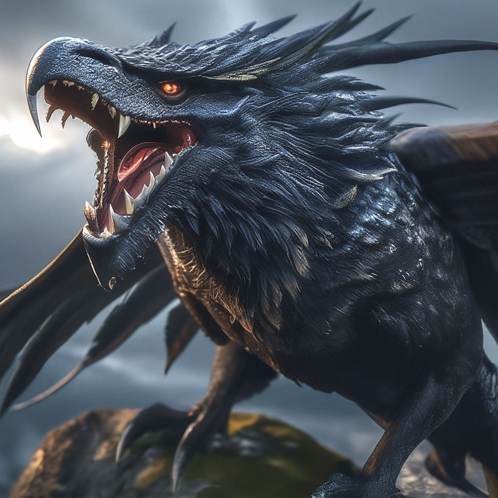 "Crow dragon, ferocious dragon with the head and beak of a crow, fur ...