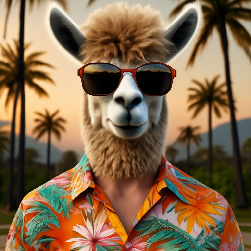 "Fluffy funny, funny llama, prada style, sunglasses, hawaiian shirt ...