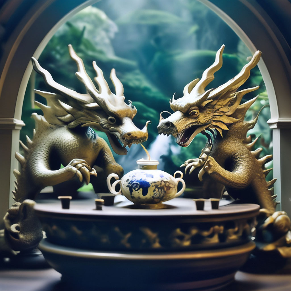 "Two dragons drink tea in a Chinese rotunda" — image created in Shedevrum