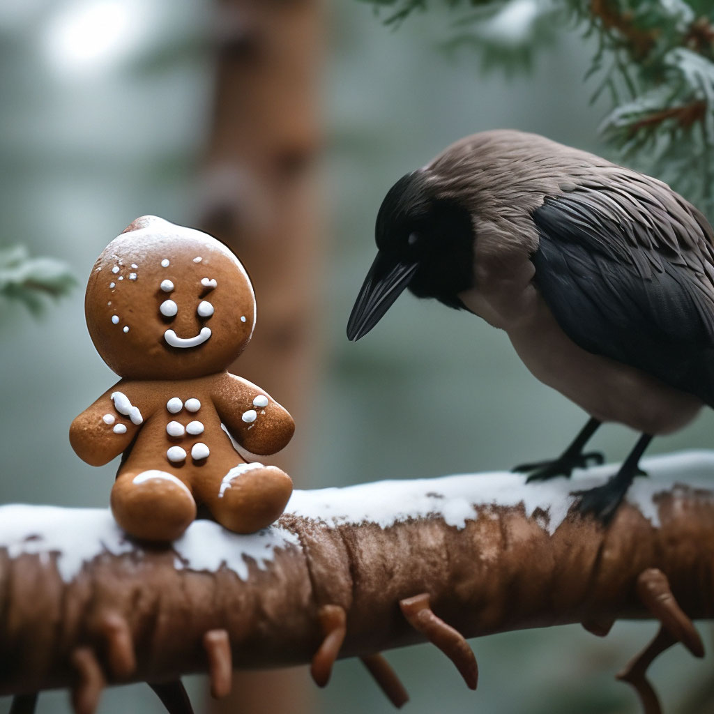 "Realistic shot of a sad gingerbread man crying on a fir branch next to ...