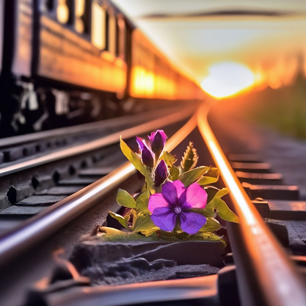 "Sunset, one beautiful flower on the rails, train, sun rays, detailed ...