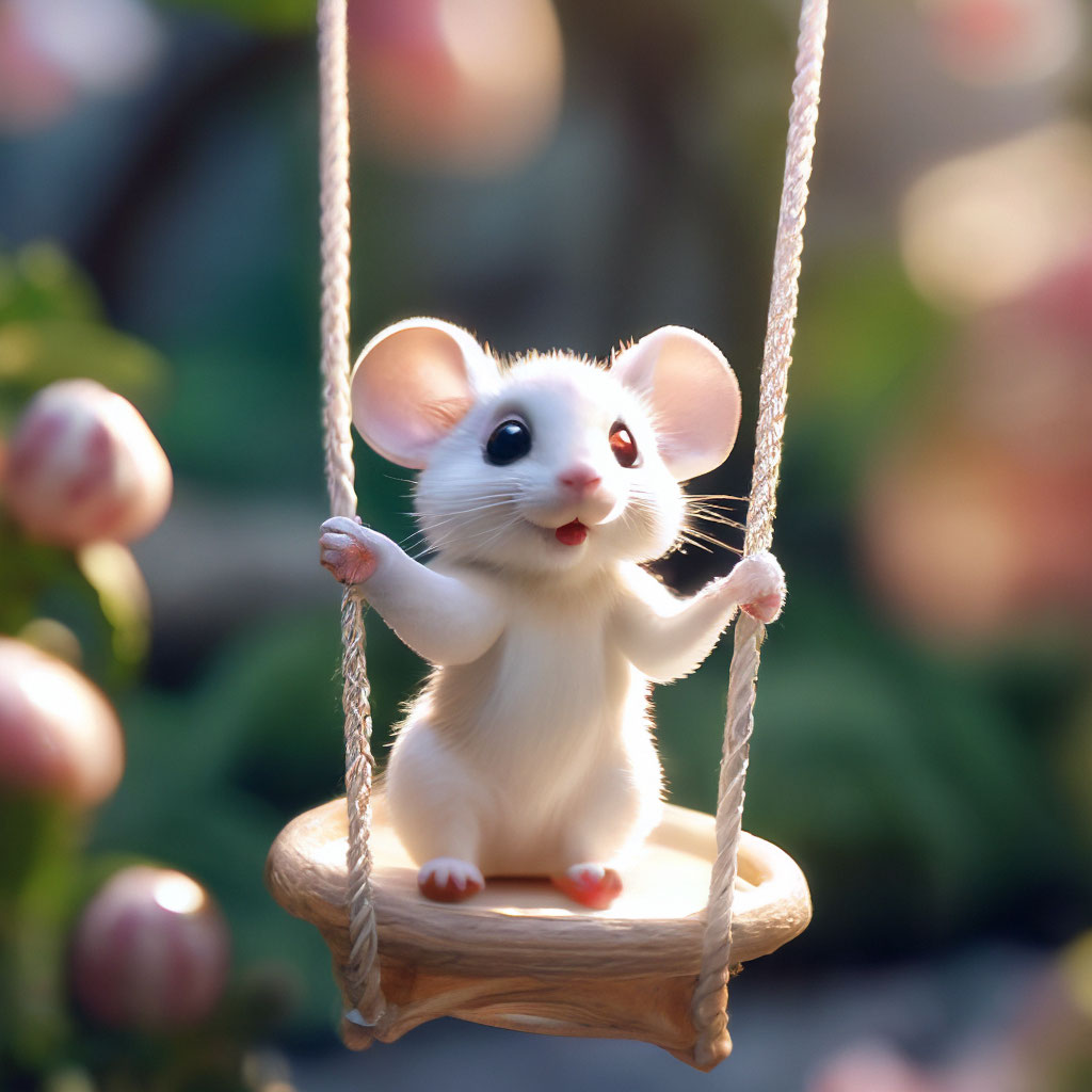 "Cute white mouse with beautiful big eyes, swinging on a swing in his ...