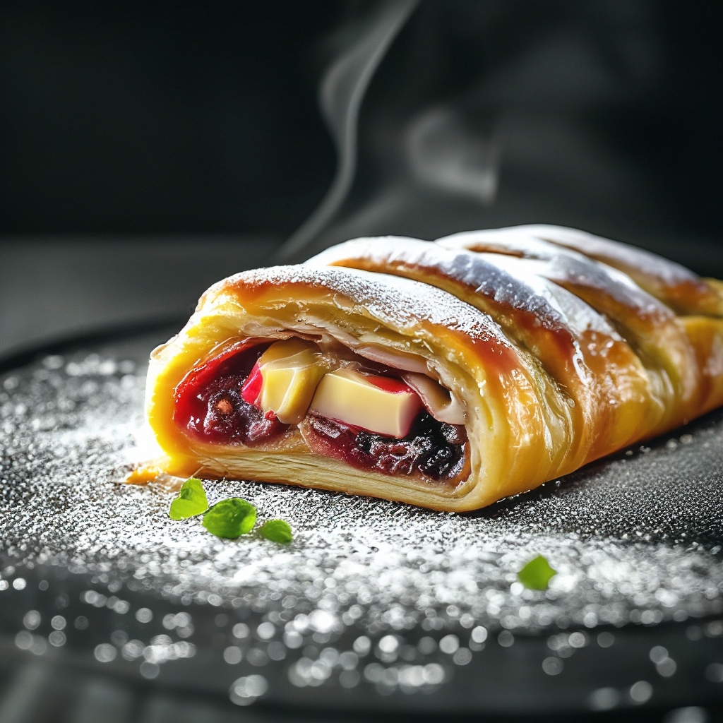 "Hot strudel, thin crispy dough with filling inside, flat, foodart ...