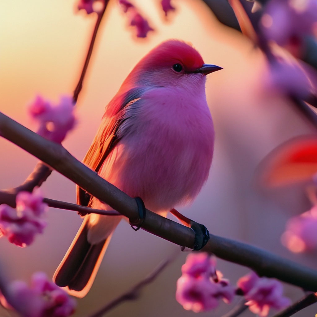 "A cute, lilac, bird on a branch and looking at the camera, a red-white ...