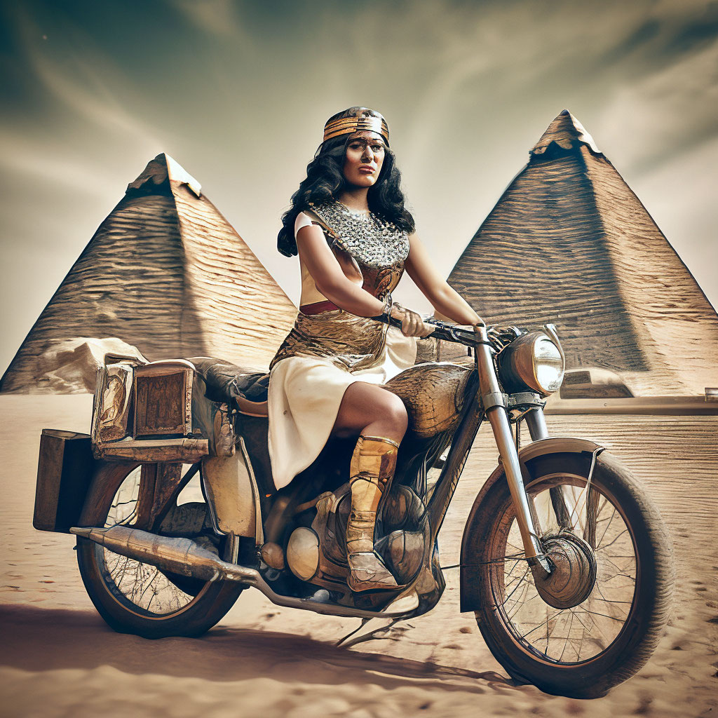 "Cleopatra is sitting on a motorcycle against the background of the ...