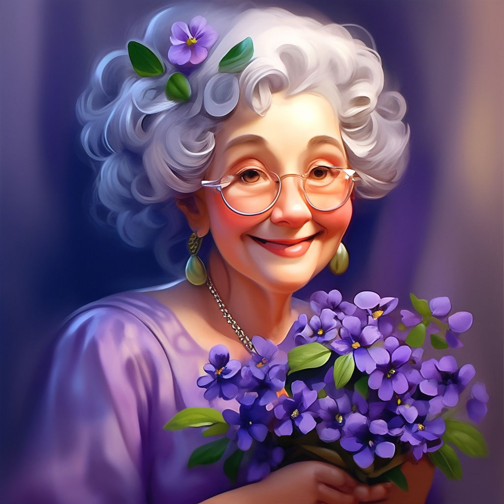 "A sweet kind old lady with radiant eyes and a small bouquet of violets ...