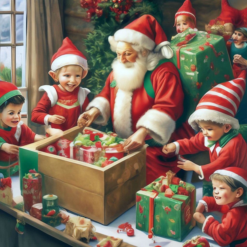 "Elves help Santa Claus pack gifts,Christmas mood, lots of elves ...