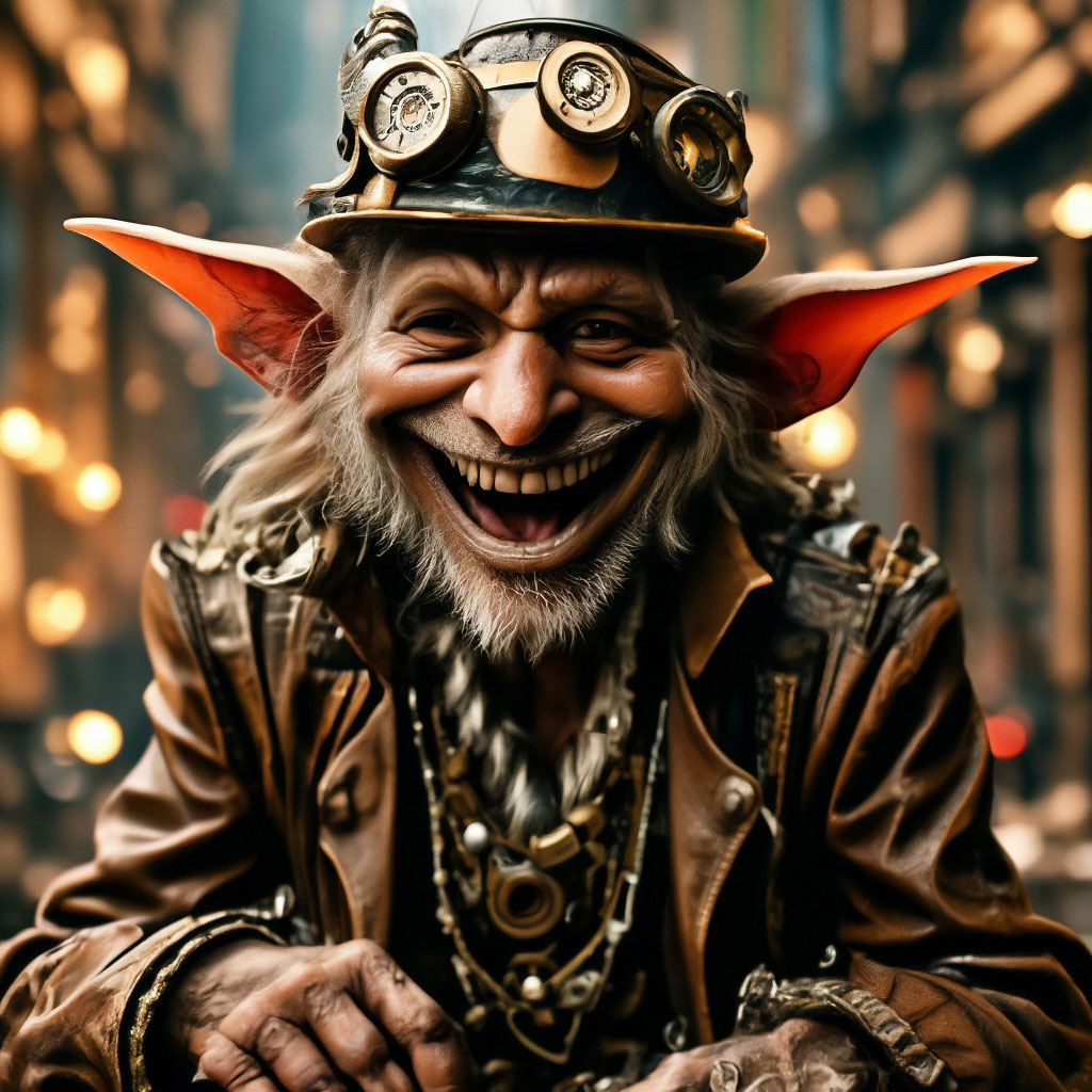 "A feral homeless goblin laughs. steampunk. Three-dimensional photo ...