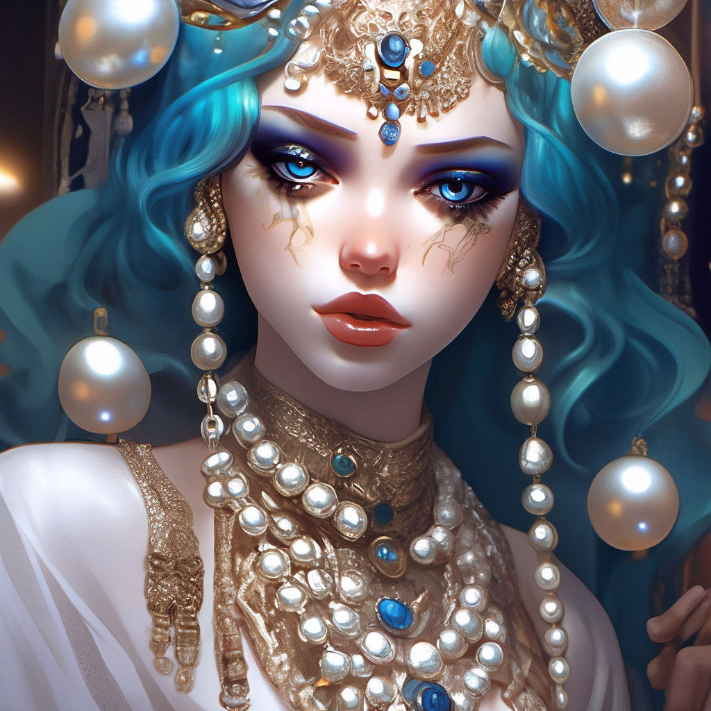 "Horror aesthetics, realistic girl a lot of pearls gemstone, with lush ...