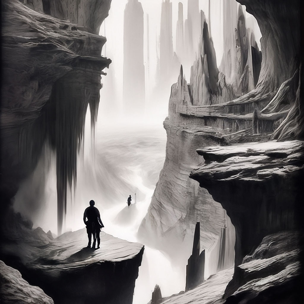 "Look into the abyss, drawing clear contours with ink" — image created ...