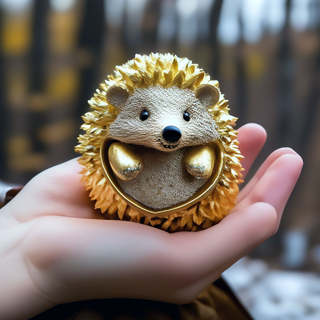 "Golden hedgehog in the palm of your hand" — image created in Shedevrum
