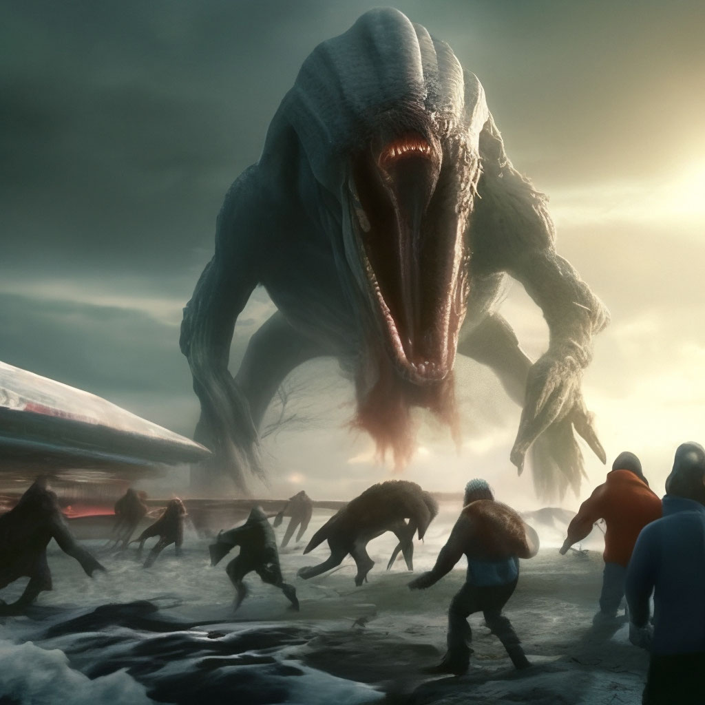 "An extraterrestrial monster devouring people" — image created in Shedevrum