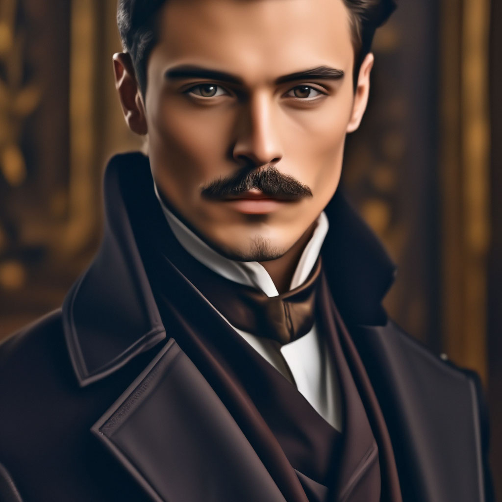 portrait of an English lord, pallor,thin mustache, noble brown eyes ...