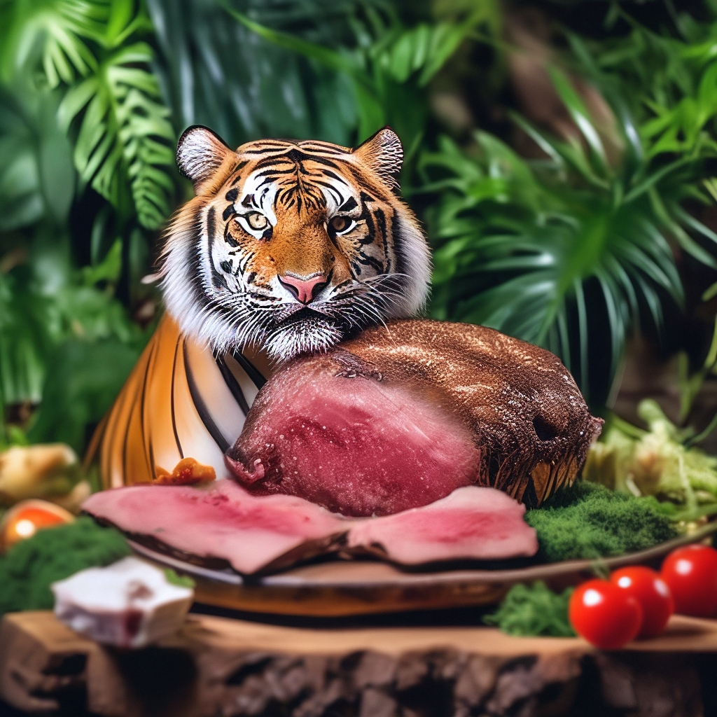"Tiger embraces perfectly raw juicy, appetizing roast beef, jungle ...