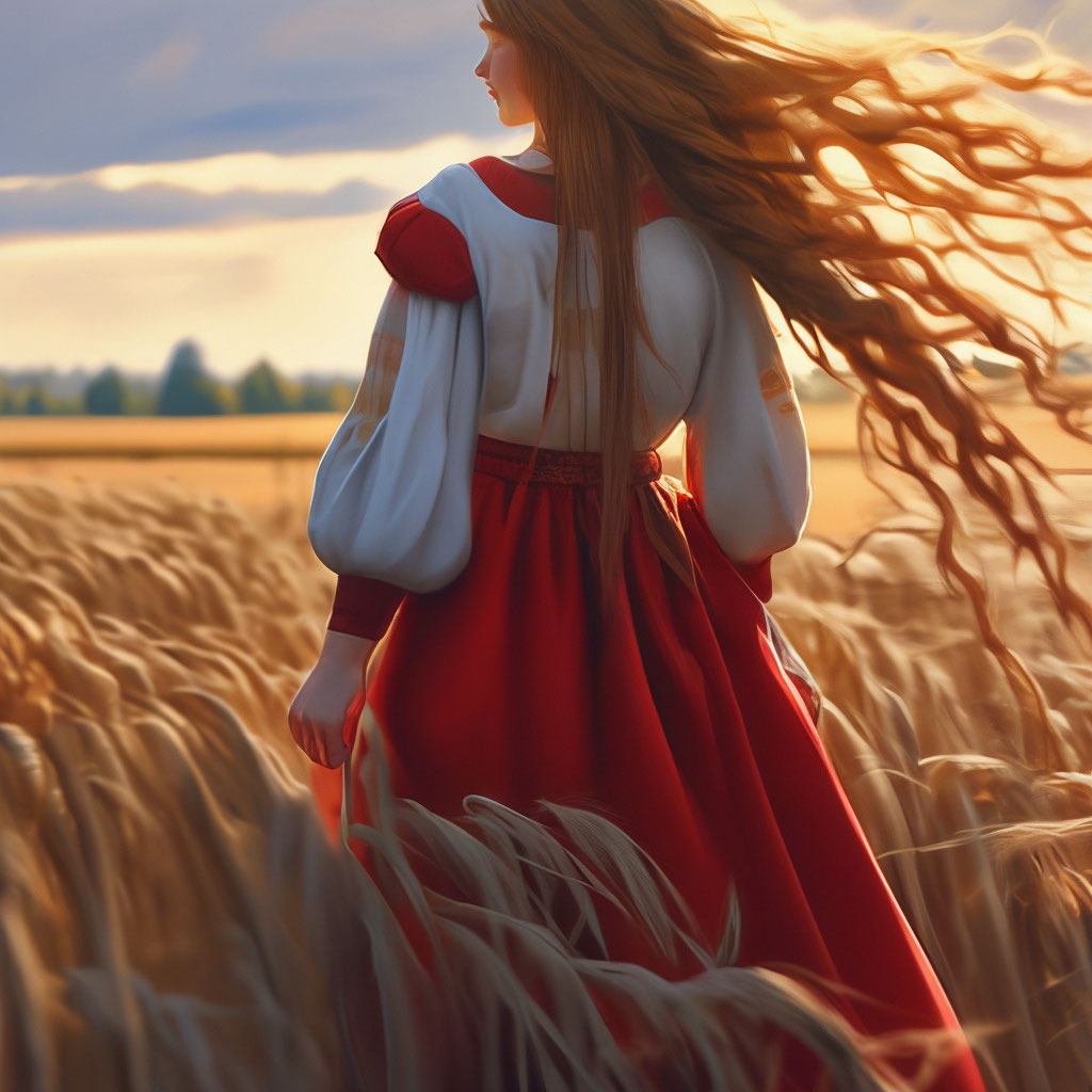 "In the style of Russian folklore, a girl with long rye hair, in a long ...