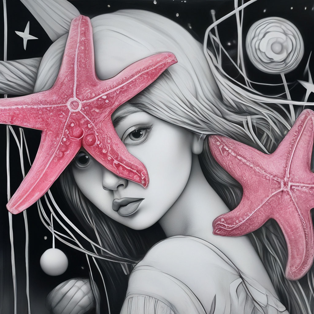 "Girl and pink starfish, black and white drawing, surrealism, grotesque ...