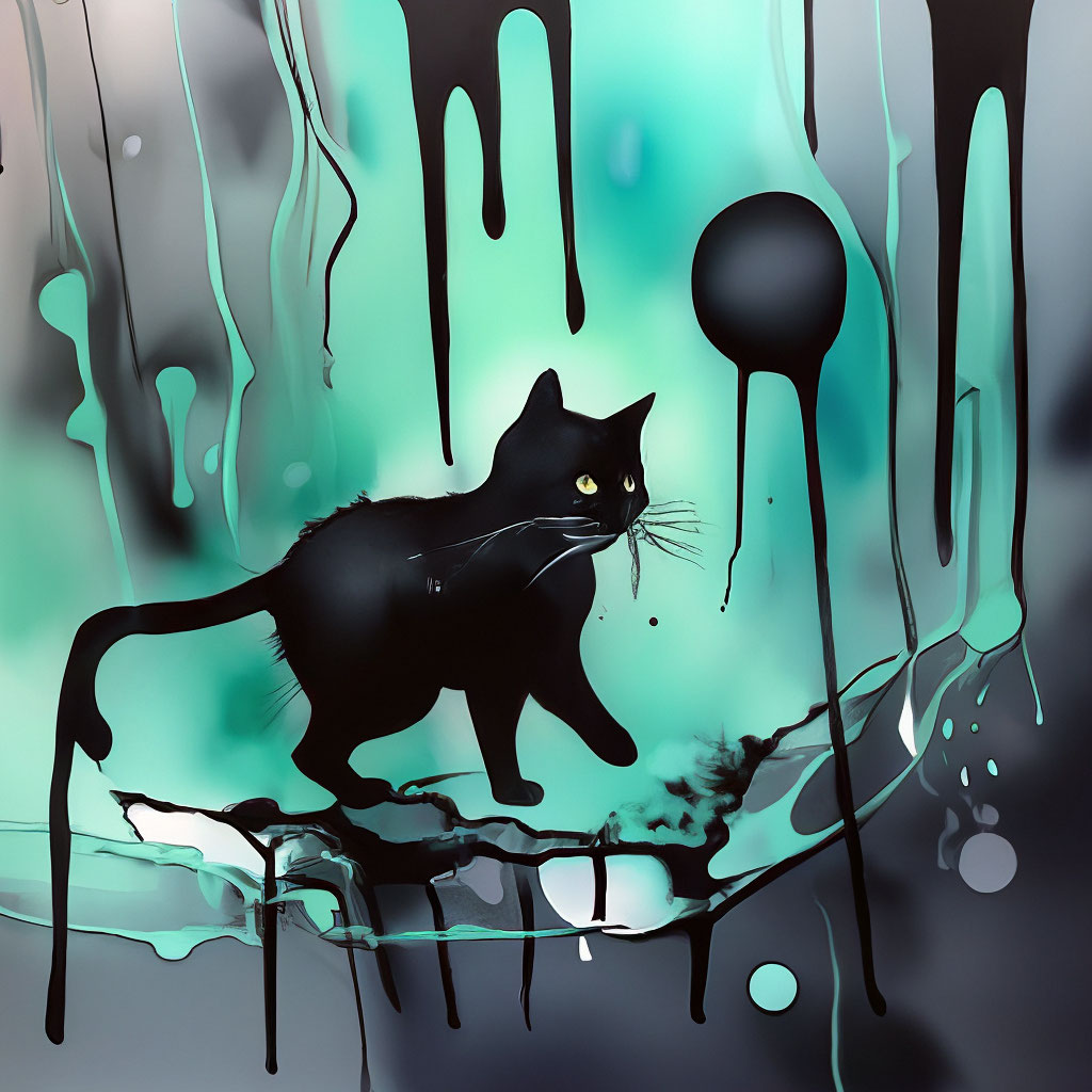 "Wet watercolor, painting, abstraction, ink, drops drain, cat, spread ...