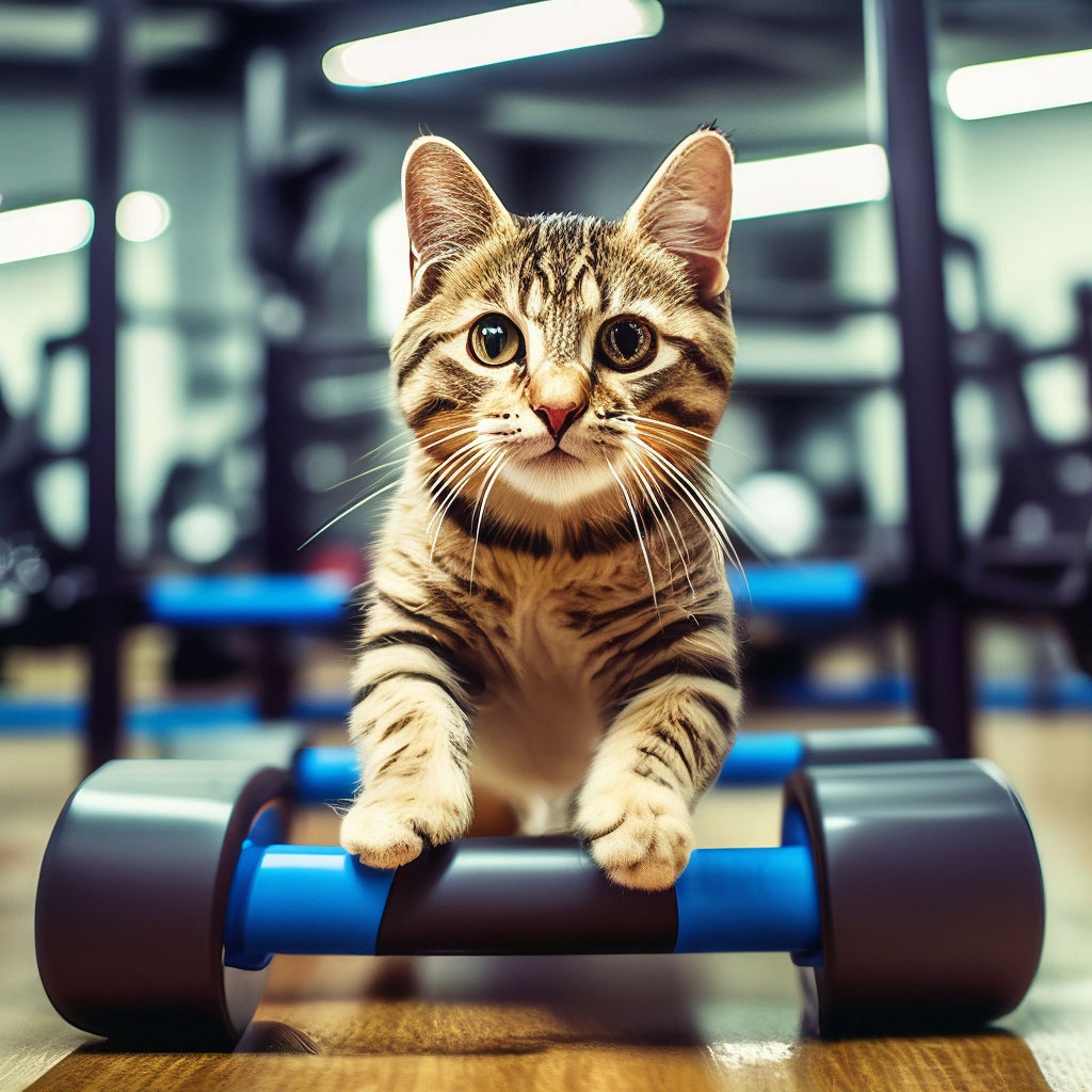 "The cat in the gym is pumped up cute" — image created in Shedevrum