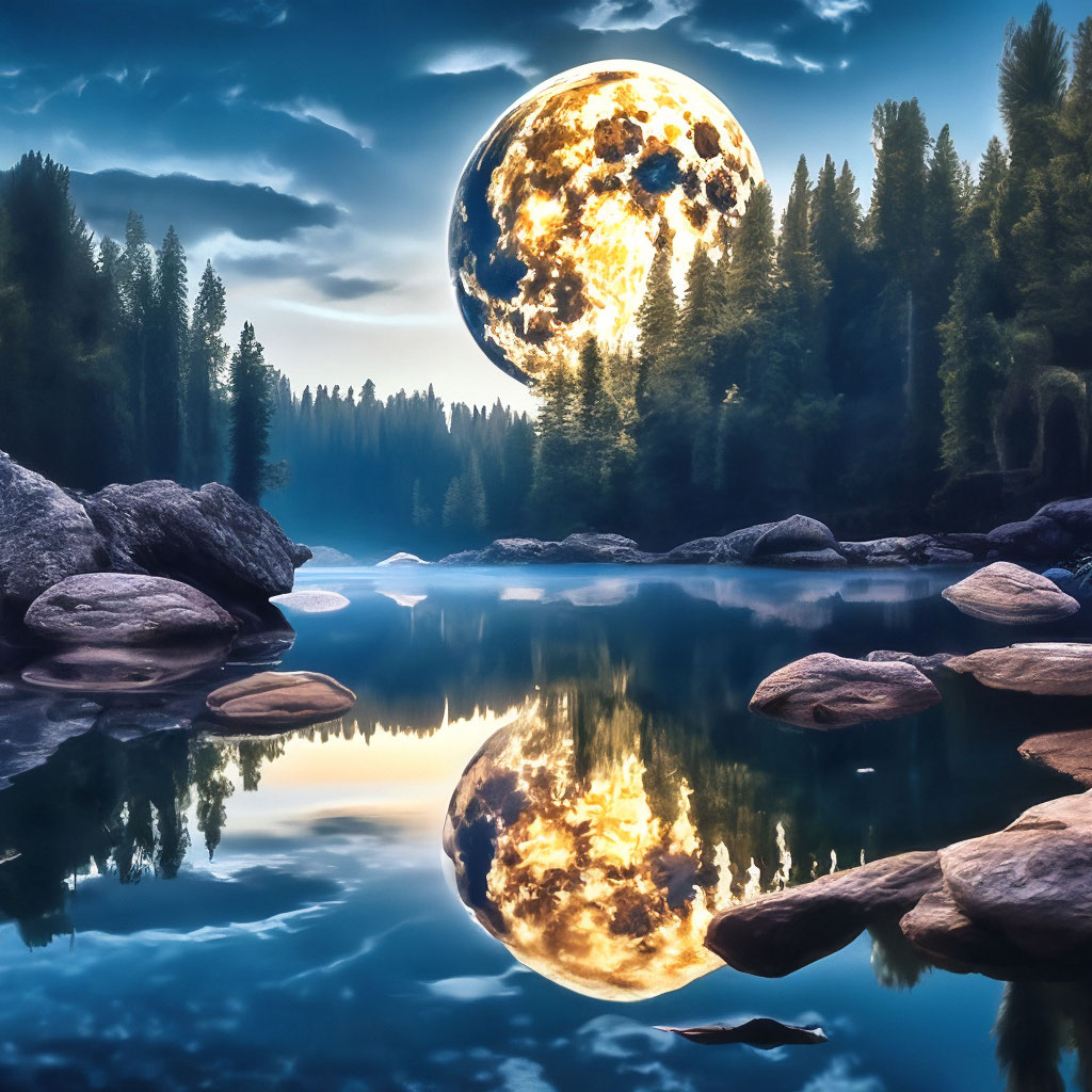 "Big moon in the night, clarity, detail, 5d reflected in a mirror lake ...