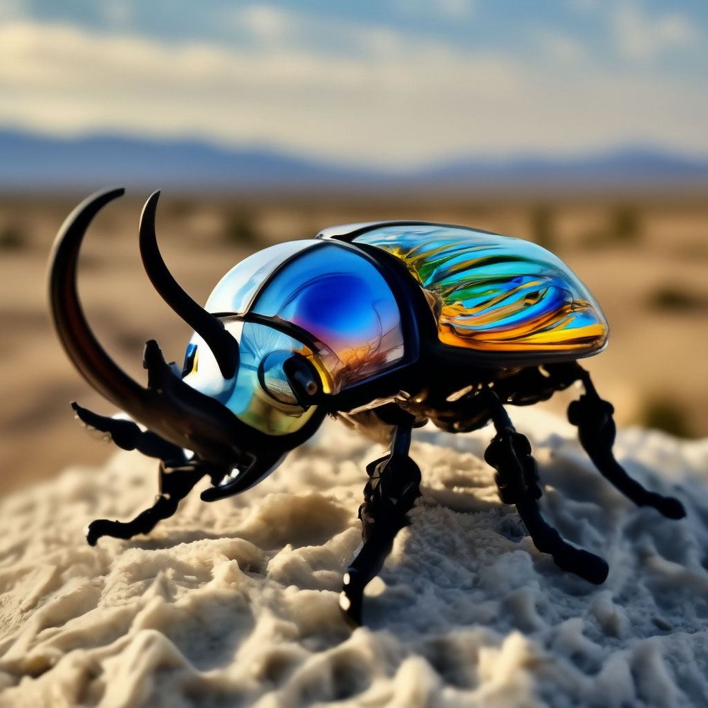 "🌀 rhinoceros beetle made of multicolored glass in a snow-white desert ...