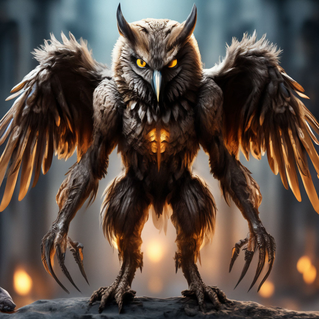 "A terrible monster with the head of an owl with long clawed arms and ...