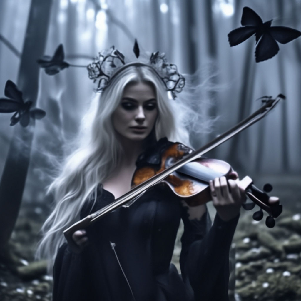 "Beautiful witch, smokey ice playing the violin in the forest, black ...