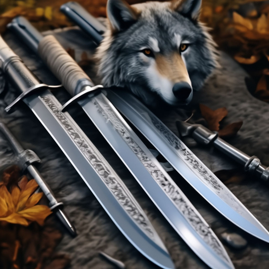 "All types of cold steel are laid out, and a wolf lies next to it ...
