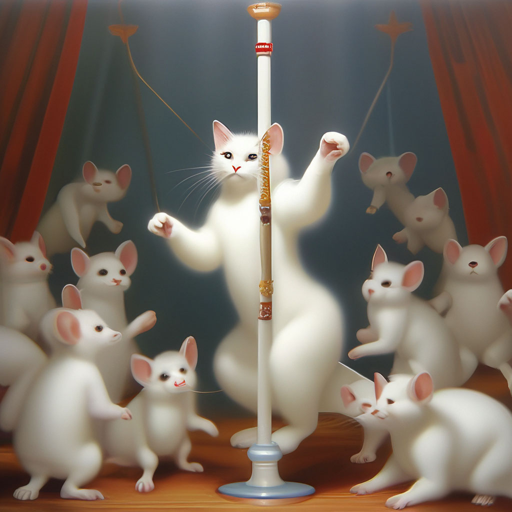 "A white cat on a pole dances in front of mice" — image created in ...