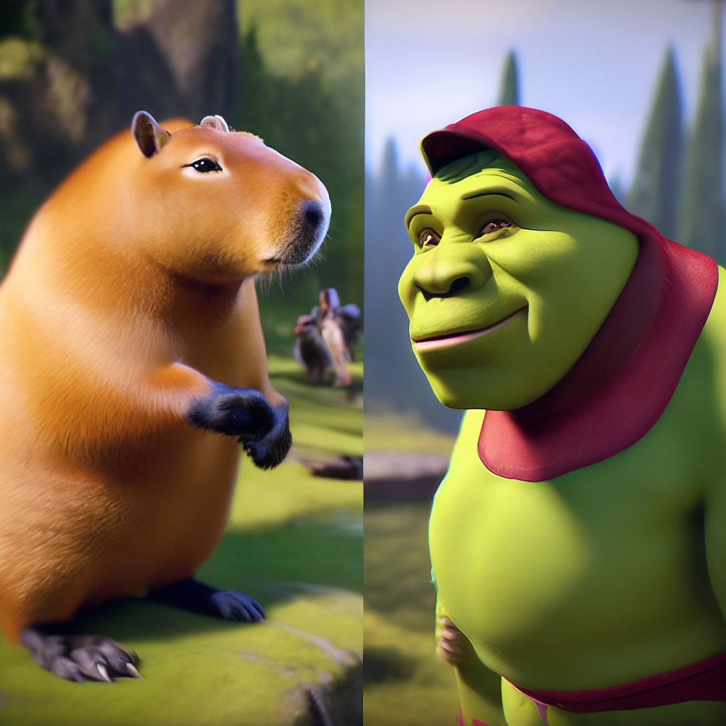 "Capybara vs Shrek" — image created in Shedevrum
