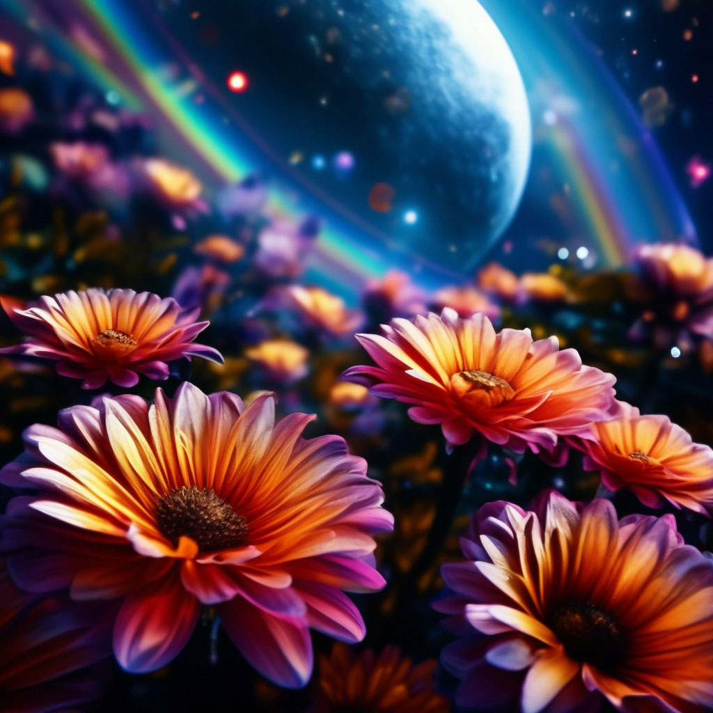 "Cosmic fantasy rainbow flowers stars planets super realistic photo ...