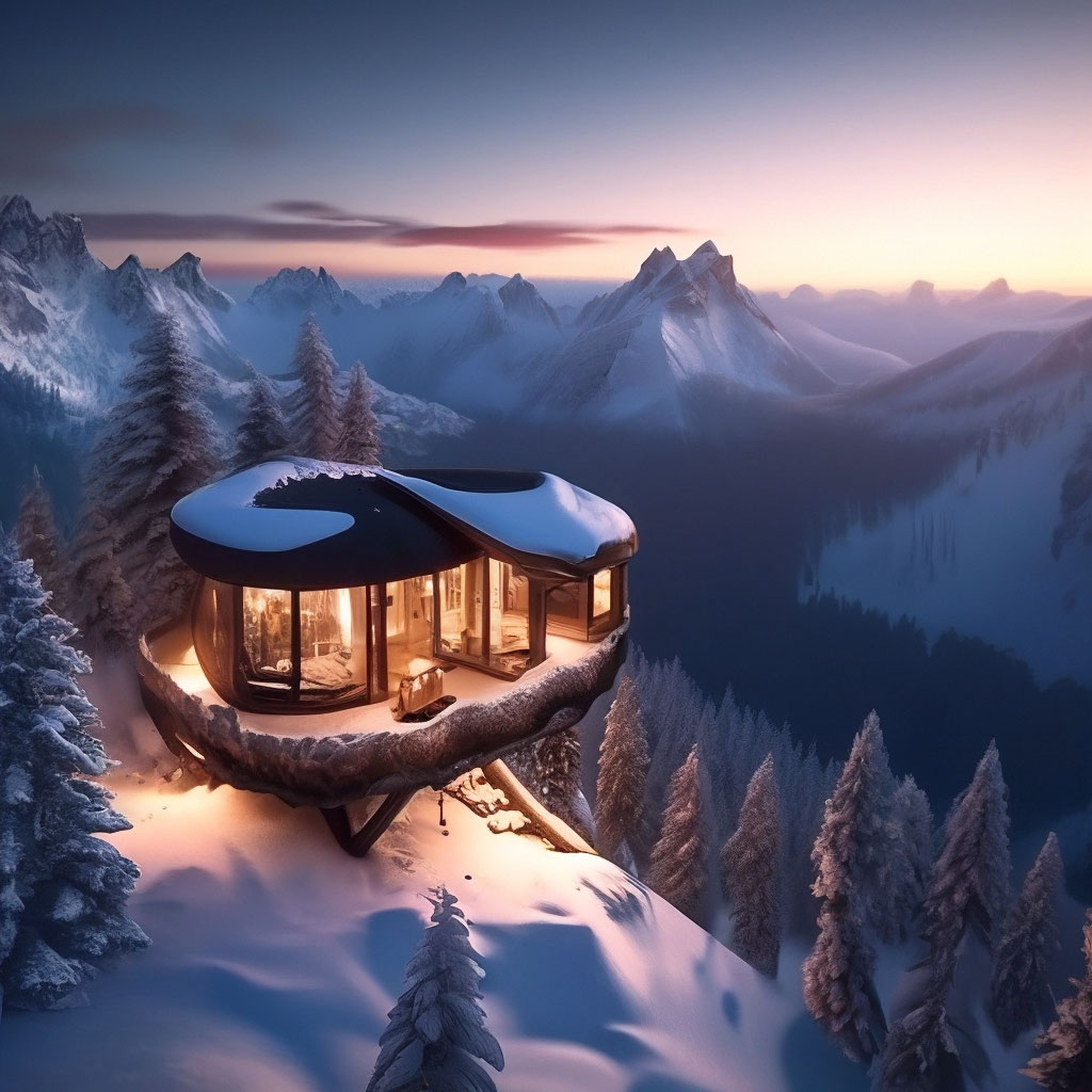 "Tree hut in the mountains, snowy peaks, dawn, bird's-eye view ...