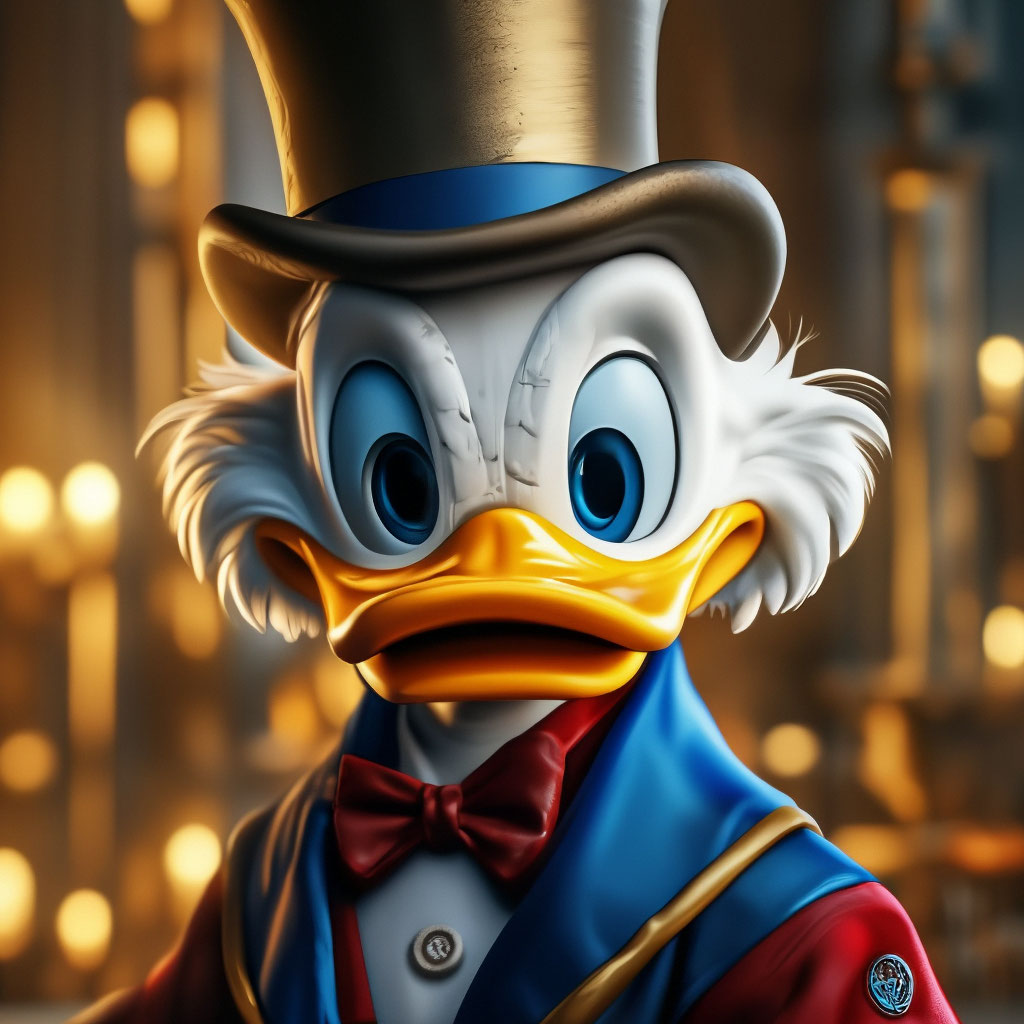 "Scrooge McDuck,drawing details, depth of field, 300dpi, CGI, digital ...