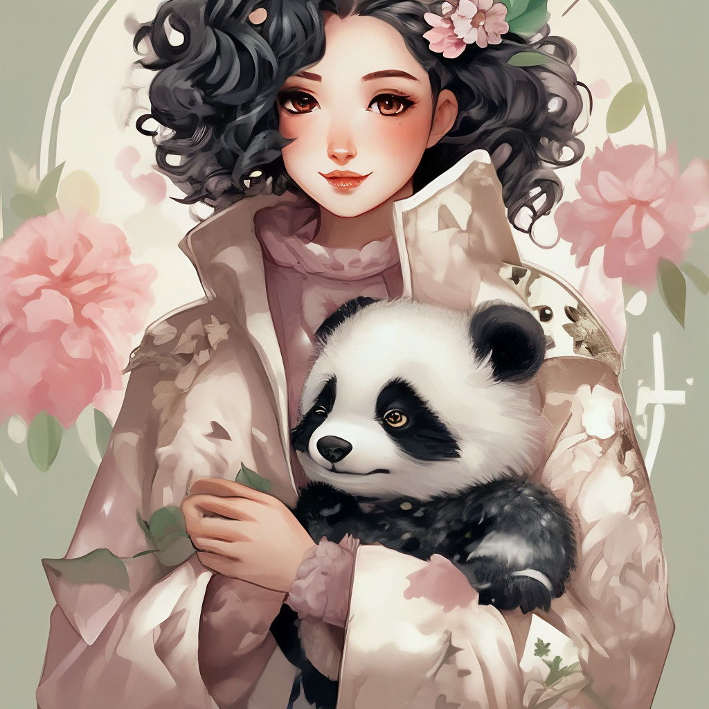 "Realistic girl in a coat, curls of hair, a little panda in her arms ...
