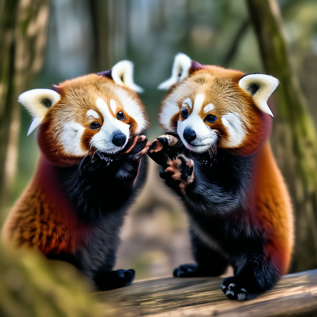 "Red pandas greet each other with their paws up" — image created in ...