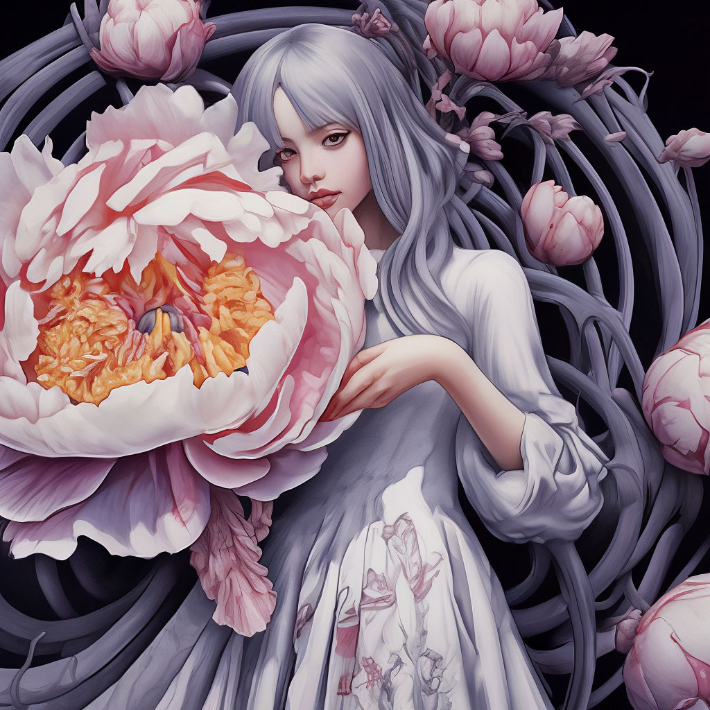 "Psychedelic, overly detailed girl in a dress and white petals watering ...