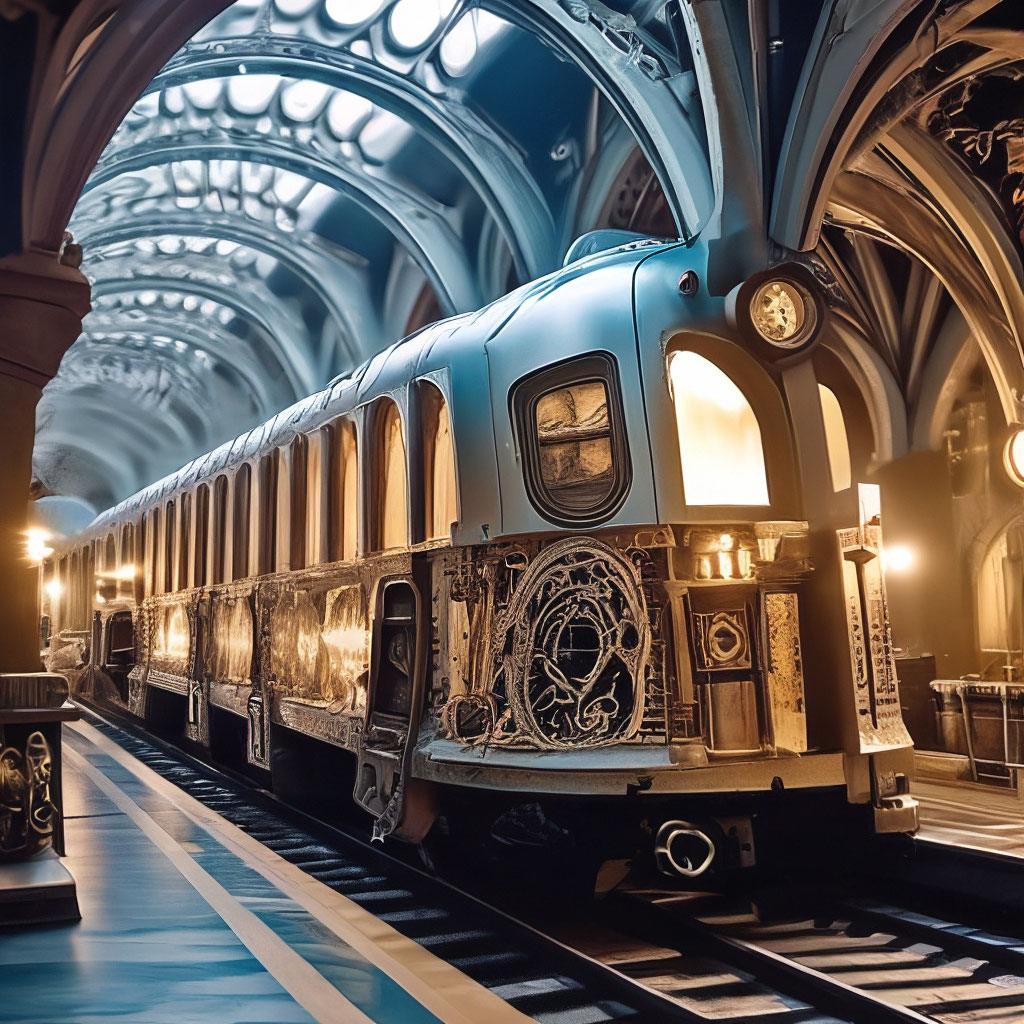"Metro. a train. medieval Gothic style. lace arches. chimeras. 32 k ...