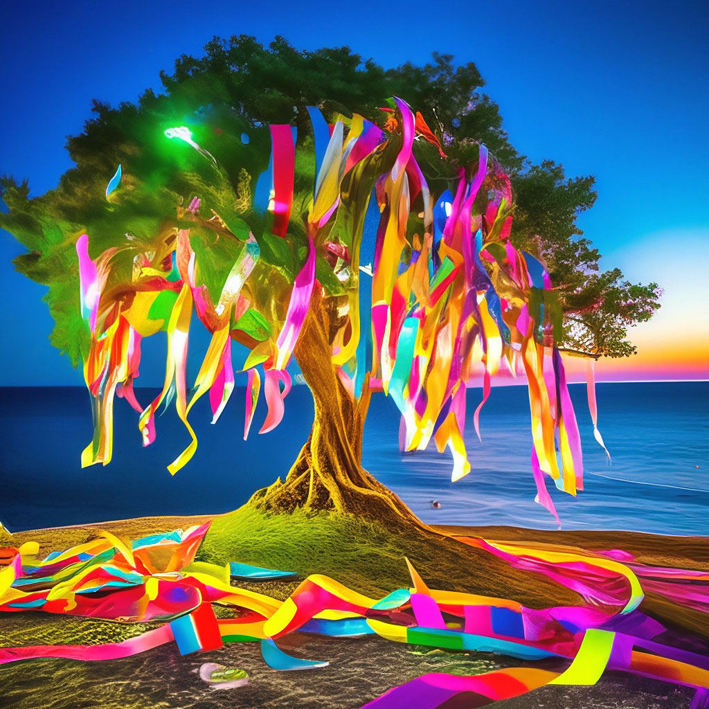 "Wish tree, tie a ribbon, an art object on the shore of the radiant sea ...