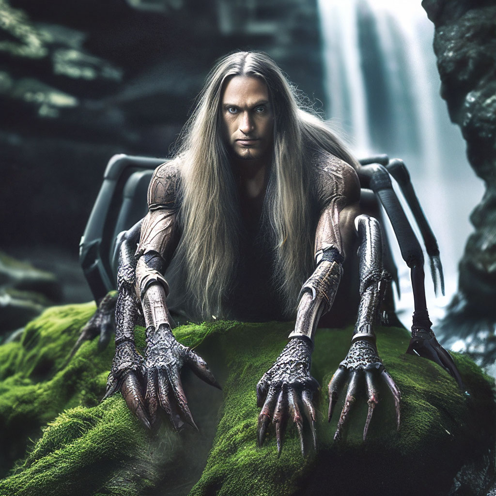 "Brutal arachnid man, top man-bottom six spider legs, chitin, sitting ...