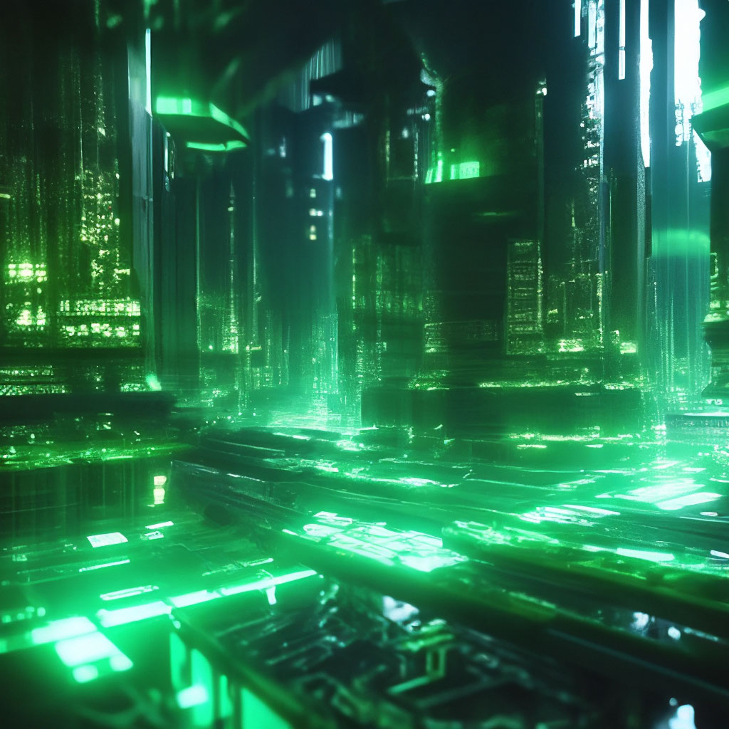 "Underground emerald city, transparent green, glowing from the inside ...