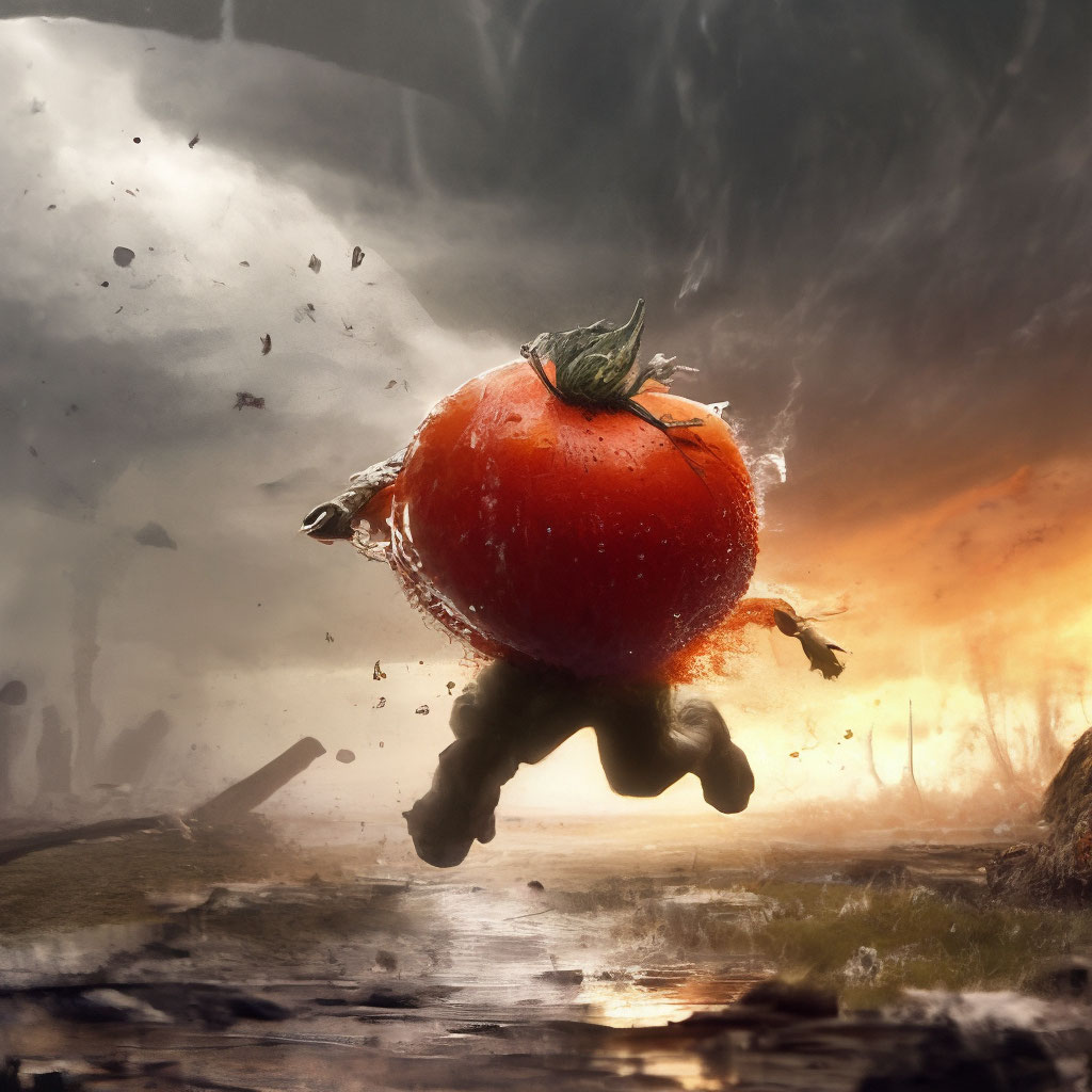 "An uncomplicated tomato is running" — image created in Shedevrum