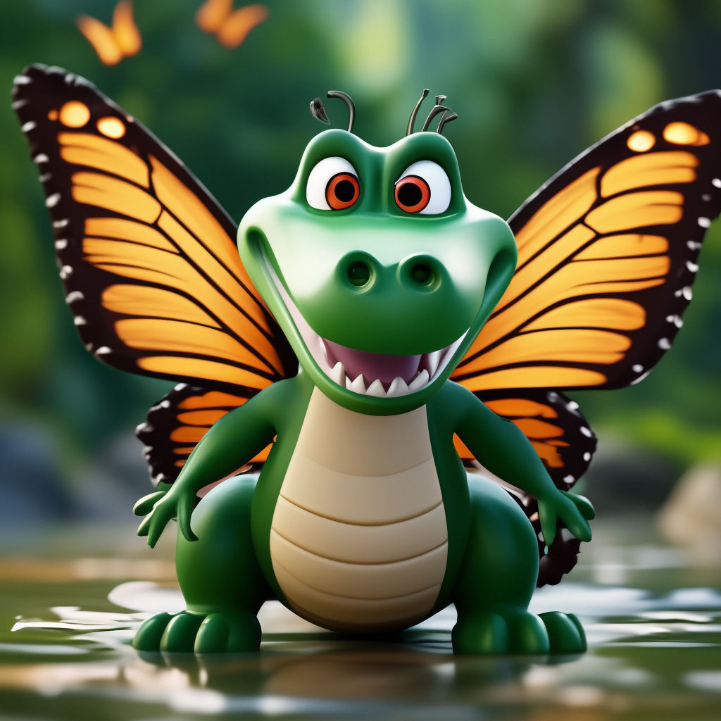 "Crocodile with butterfly wings+connected,cartoon,Pixar,d5 render ...