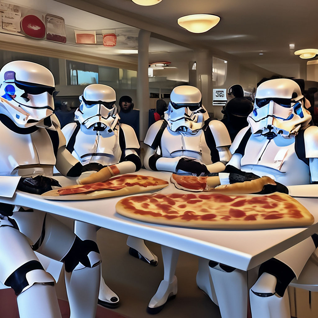 "Imperial stormtroopers eat pizza in a cafe" — image created in Shedevrum