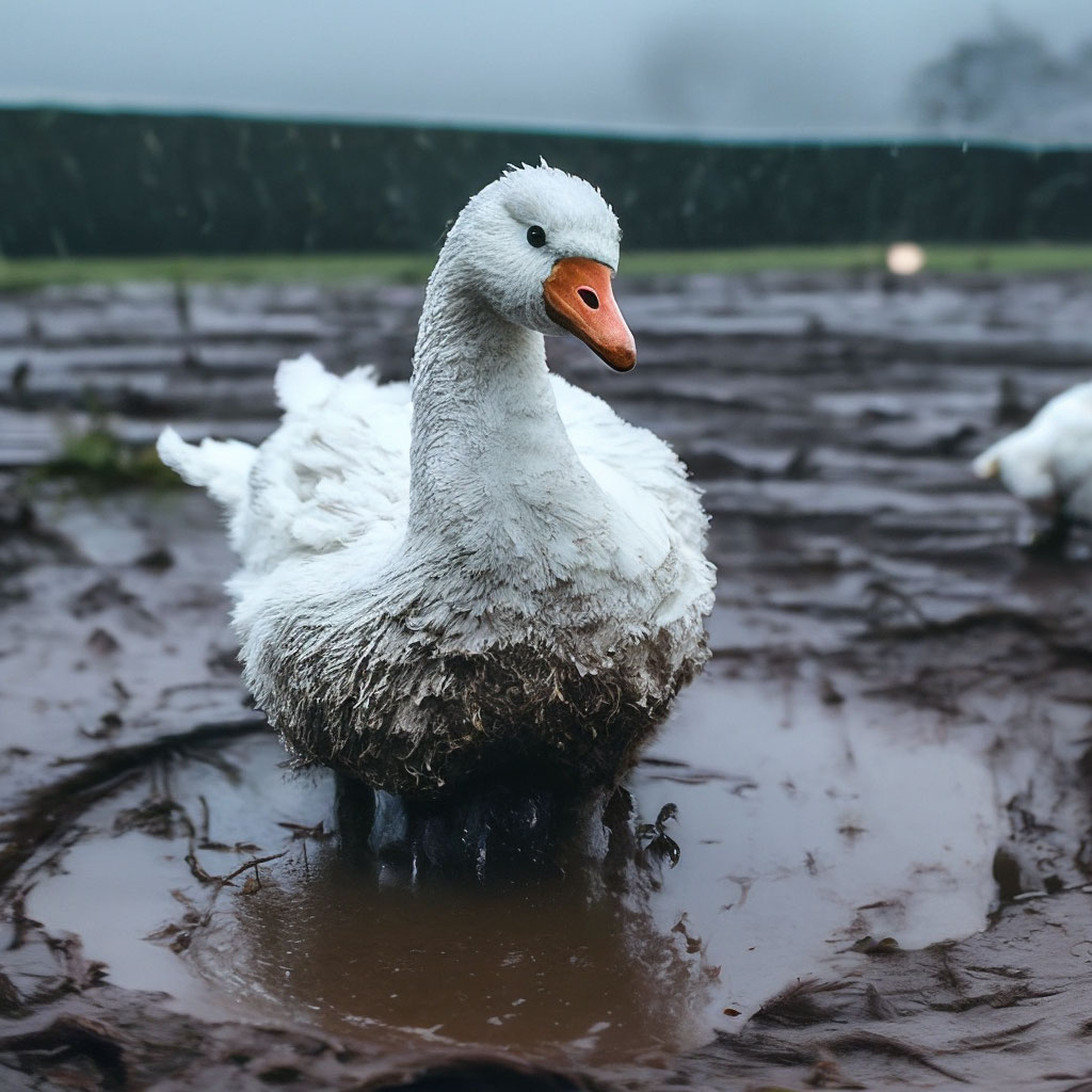 "Plush white goose wallows in a puddle of mud , sad picture , it's ...