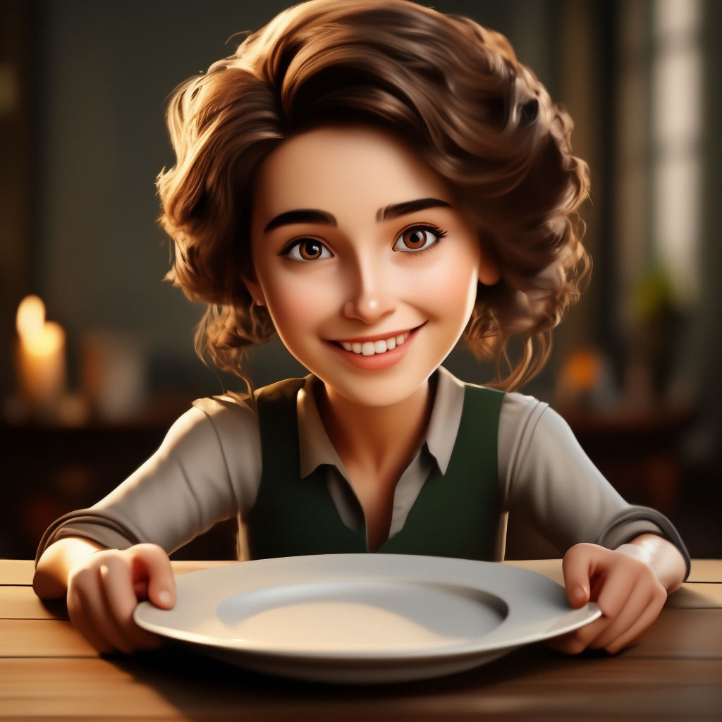 "Cartoon aunt sitting at the table with an empty plate and smiling ...