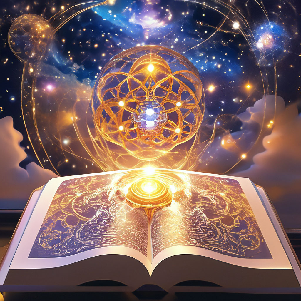 "An epic book of knowledge with the cosmos glowing inside, patterns ...