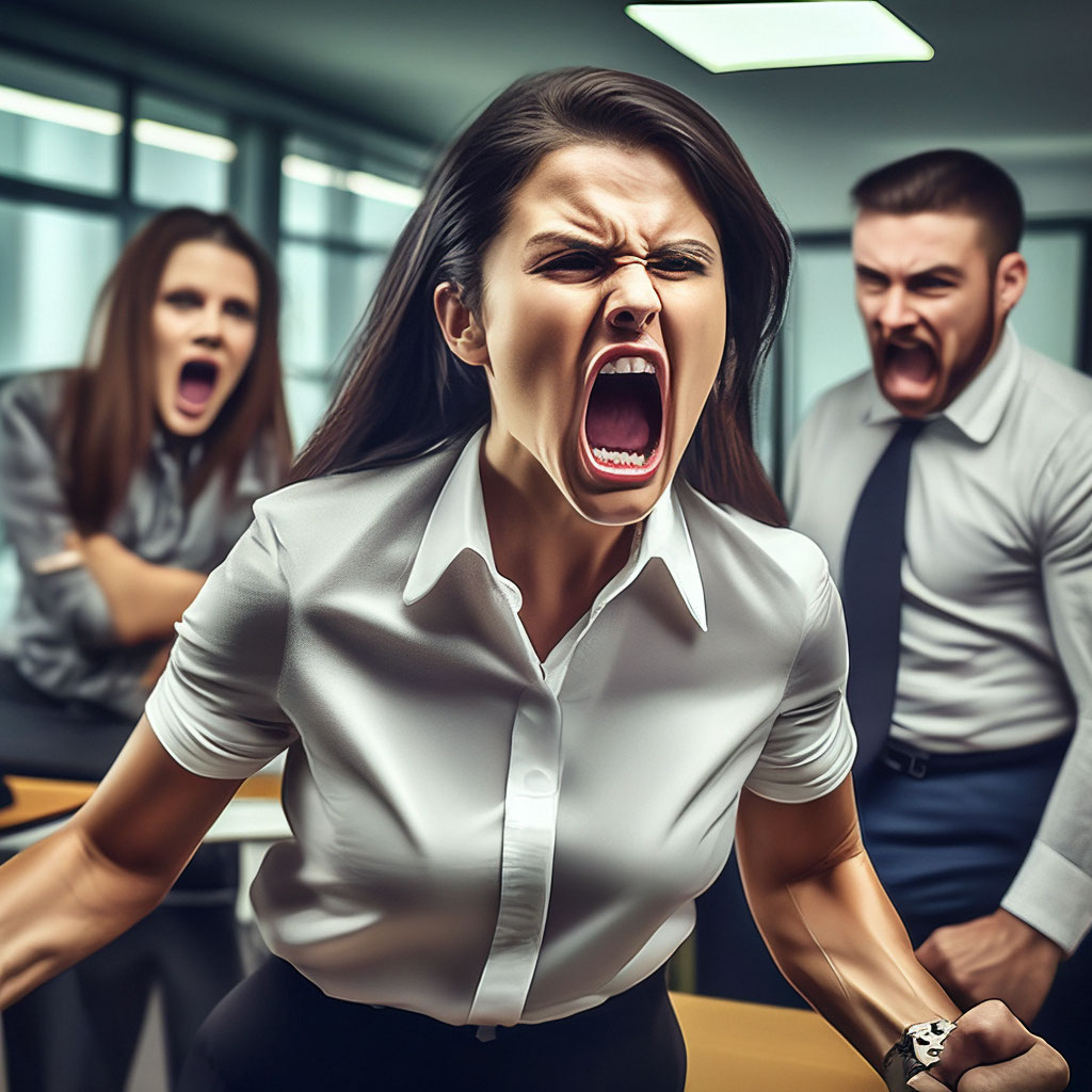 "Brunette in the office in a rage chastises colleagues" — image created ...