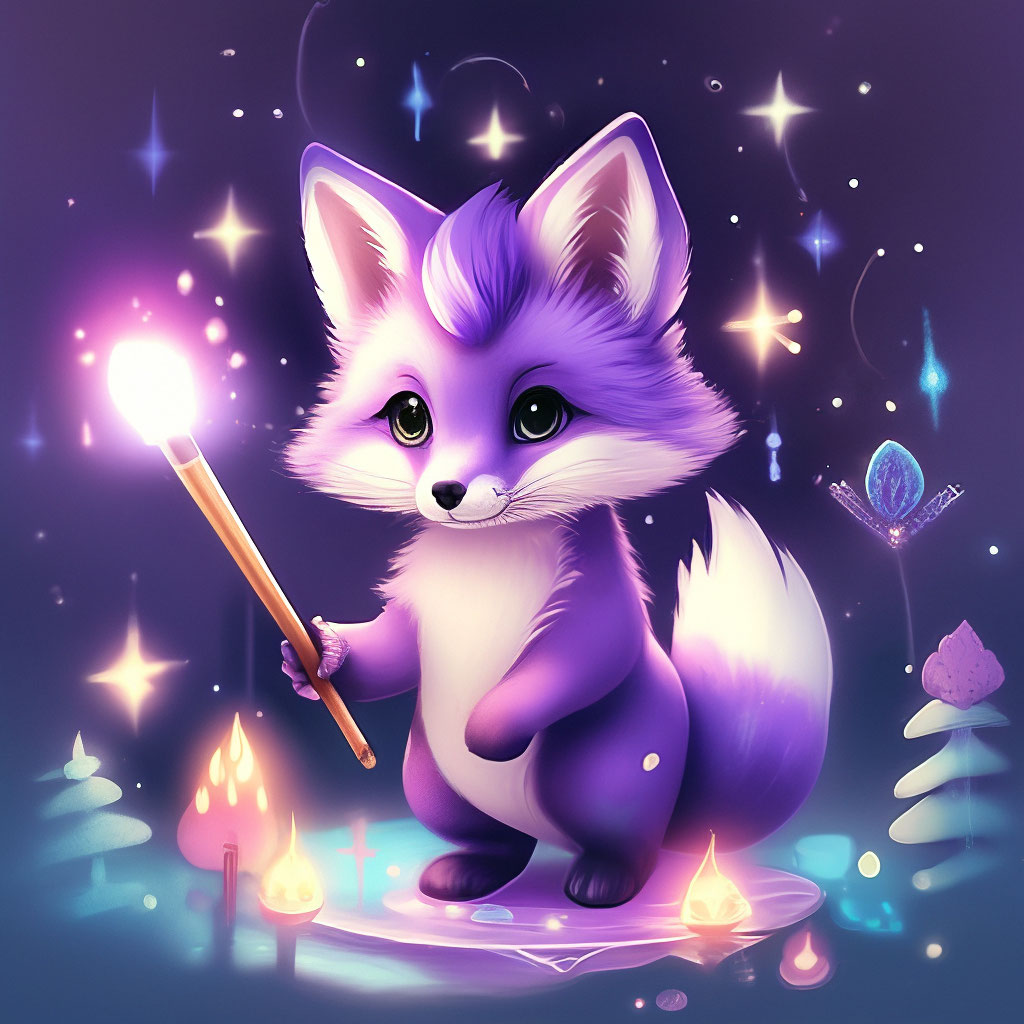 "Cute purple fox holds a brush with magic paints and creates a magical ...