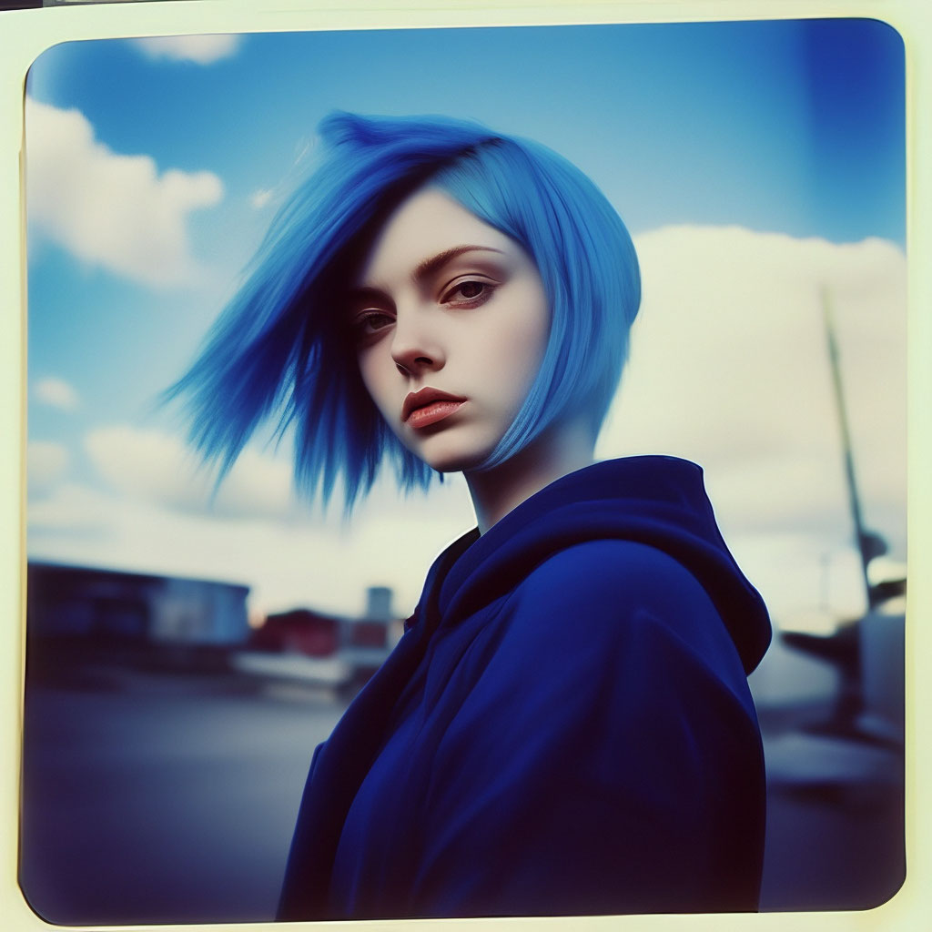 "Polaroid, super quality girl freak blue hair asymmetry pale face light ...